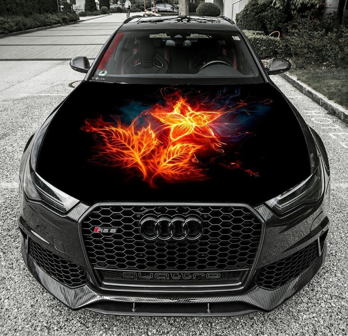 Vinyl Car Hood Wrap Full Color Graphics Decal Fire Flower Blooms Stick ...